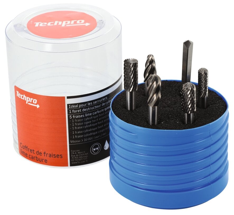 Coffret de 5 fraises lime carbure + 1 foret carbure monobloc destructeur de cylindre - Foussier